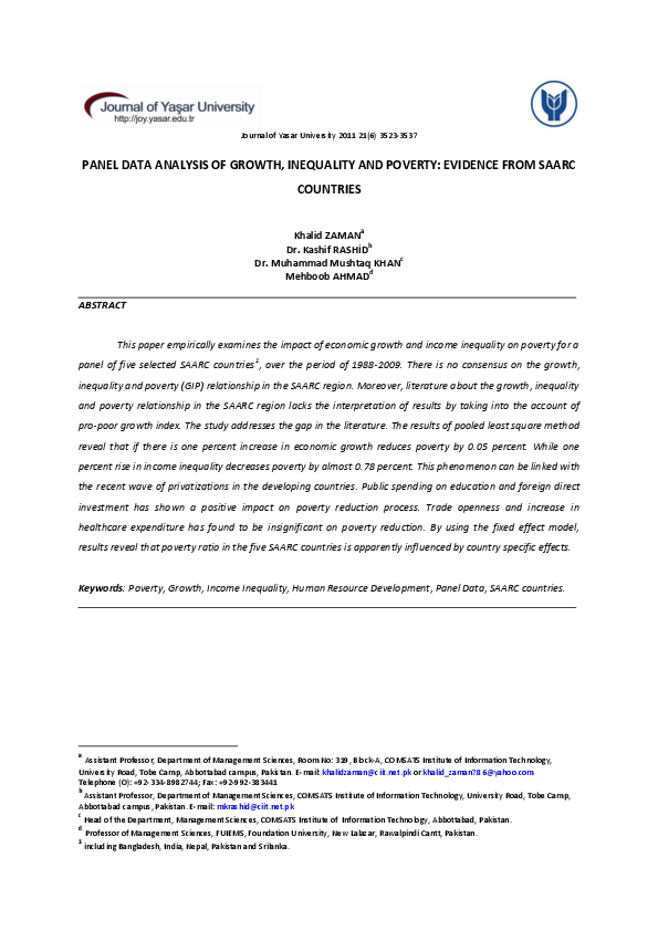 (PDF) PANEL DATA ANALYSIS OF GROWTH, INEQUALITY AND POVERTY: EVIDENCE FROM SAARC COUNTRIES