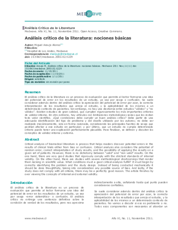 (PDF) Análisis crítico de la literatura: nociones básicas