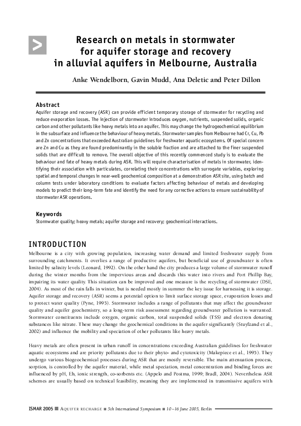 (PDF) Research on metals in stormwater for aquifer storage and recovery ...