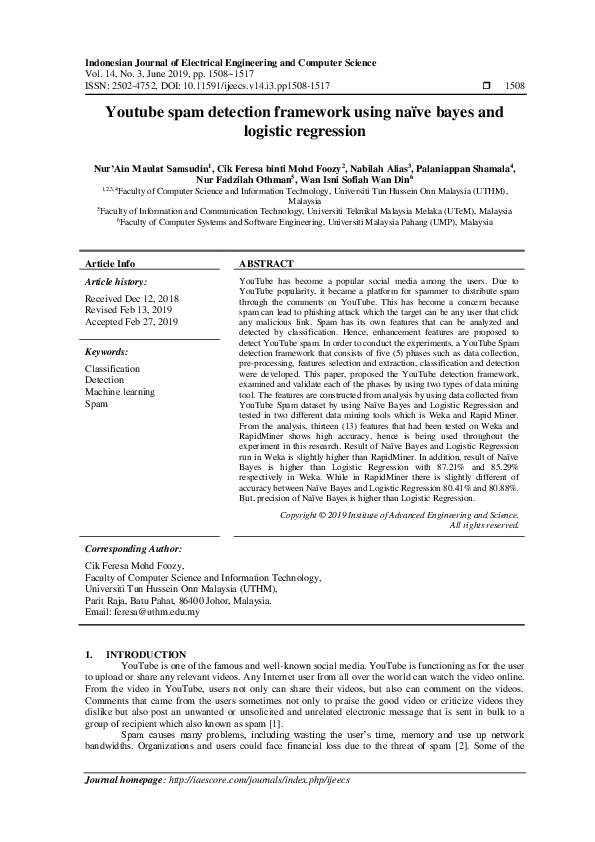 Pdf Youtube Spam Detection Framework Using Naïve Bayes And Logistic Regression Cik Feresa