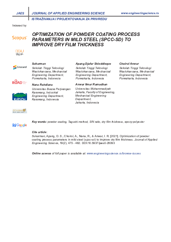 (PDF) Optimization of powder coating process parameters in mild steel (SPCC-SD) to improve dry ...