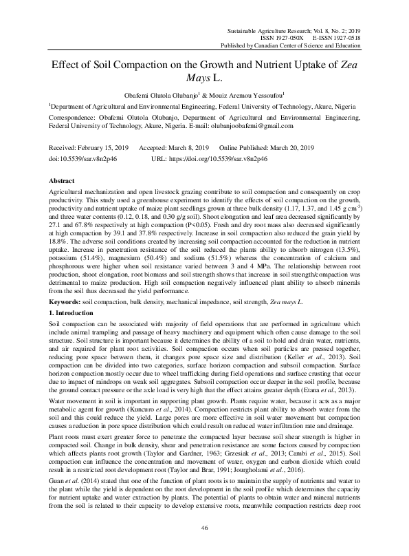 (PDF) Effect of Soil Compaction on the Growth and Nutrient Uptake of Zea Mays L | Mouiz A ...