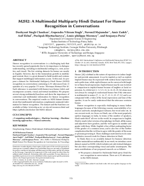 (PDF) M2H2: A Multimodal Multiparty Hindi Dataset For Humor Recognition in Conversations