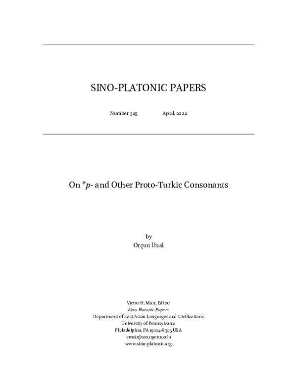 (PDF) On *p- and Other Proto-Turkic Consonants