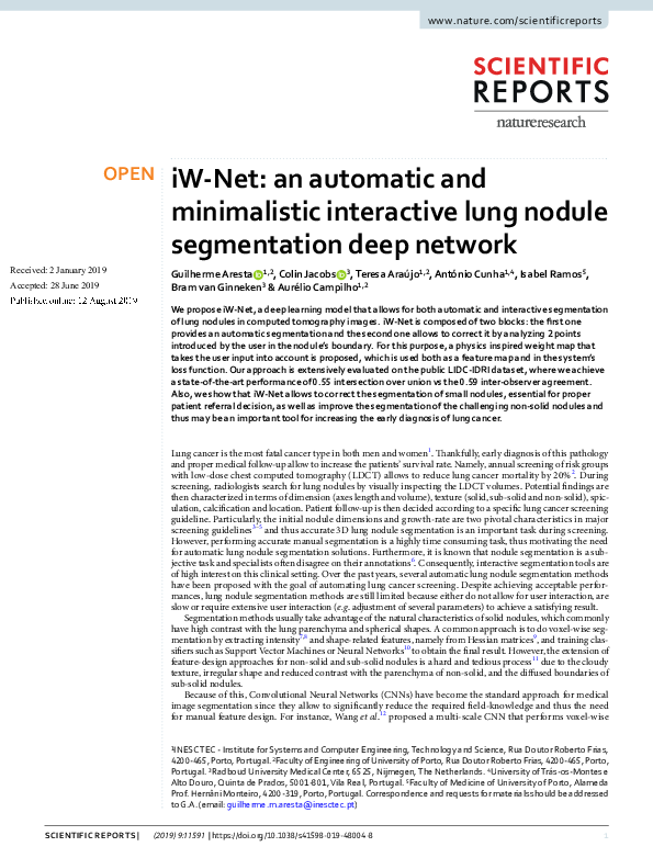 Pdf Iw Net An Automatic And Minimalistic Interactive Lung Nodule Segmentation Deep Network