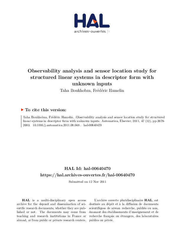 (PDF) Observability analysis and sensor location study for structured linear systems in ...
