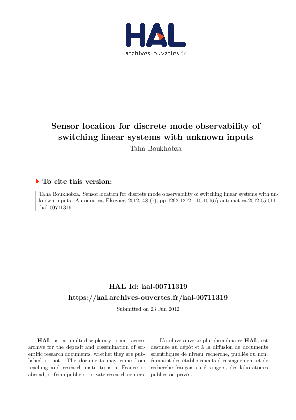 Pdf Sensor Placement For Discrete Mode Observability