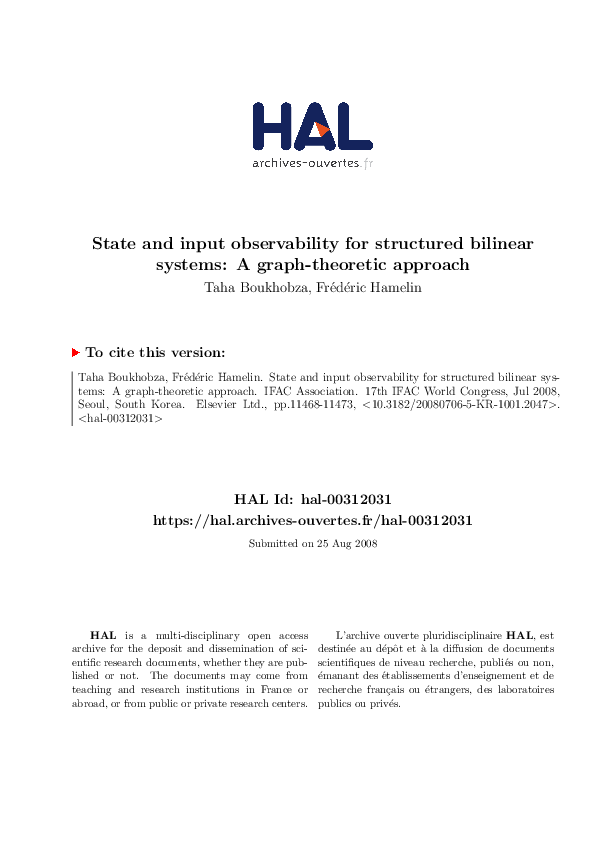 Pdf State And Input Observability For Structured Bilinear Systems A Graph Theoretic Approach