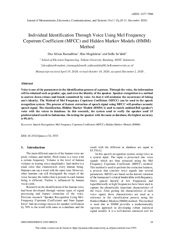 (PDF) Individual Identification Through Voice Using Mel-Frequency ...