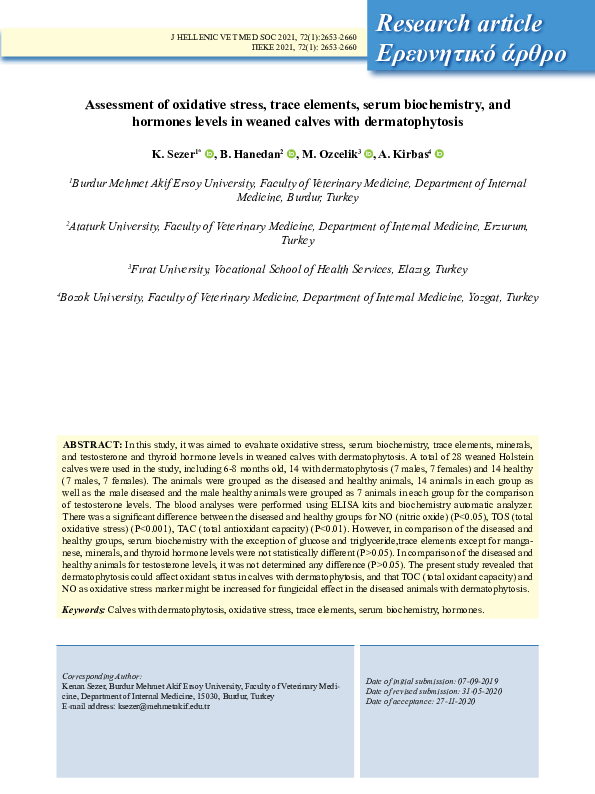 (PDF) Assessment of oxidative stress, trace elements, serum biochemistry, and hormones levels in ...