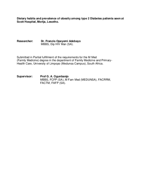 (PDF) Dietary habits and prevalence of obesity among type 2 diabetes ...