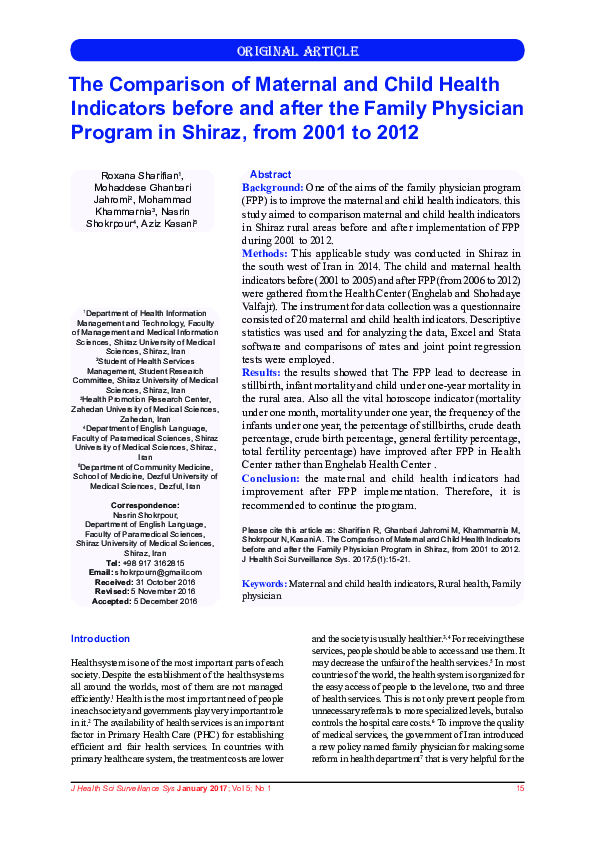 (PDF) The Comparison of Maternal and Child Health Indicators before and ...