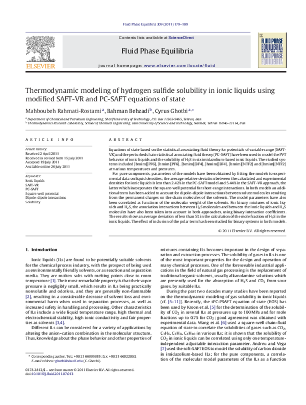 (PDF) Thermodynamic modeling of hydrogen sulfide solubility in ionic liquids using modified SAFT ...