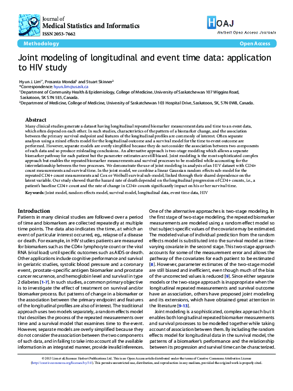 (PDF) Joint modeling of longitudinal and event time data: application to HIV study
