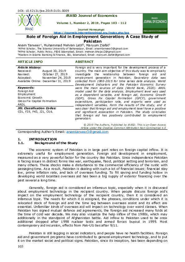 (PDF) Role of Foreign Aid in Employment Generation; A Case Study of ...