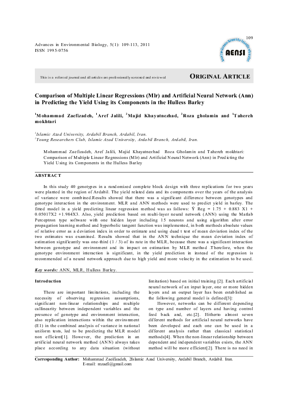 Pdf Comparison Of Multiple Linear Regressions Mlr And Artificial Neural Network Ann In