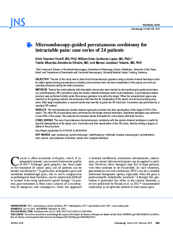 (PDF) Microendoscopy-guided percutaneous cordotomy for intractable pain ...