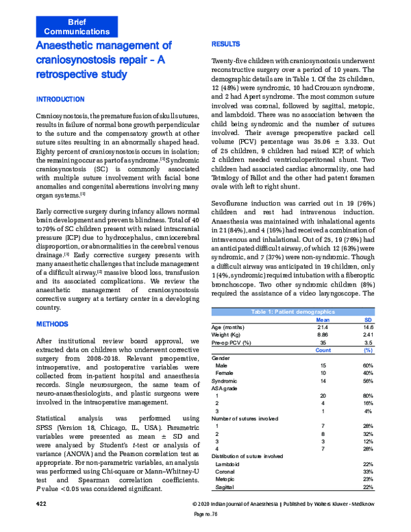 (PDF) Anaesthetic management of craniosynostosis repair – A ...