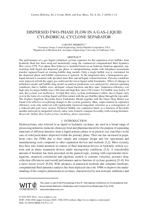 (PDF) Dispersed two-phase flow in a gas–liquid cylindrical cyclone separator | Carsten Mehring ...