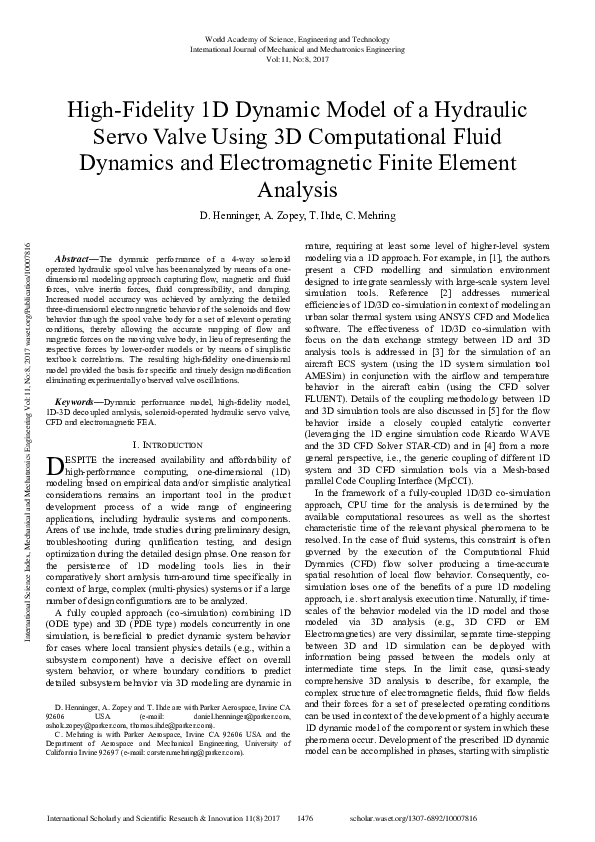 (PDF) High-Fidelity 1D Dynamic Model Of A Hydraulic Servo Valve Using 3D Computational Fluid ...