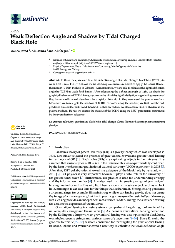 (PDF) Weak Deflection Angle and Shadow by Tidal Charged Black Hole