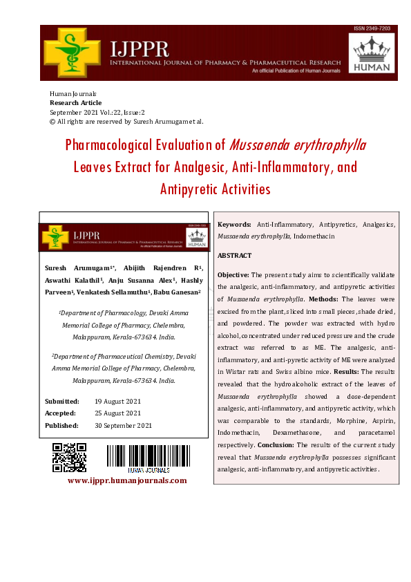 (PDF) Pharmacological Evaluation of Mussaenda erythrophylla Leaves ...