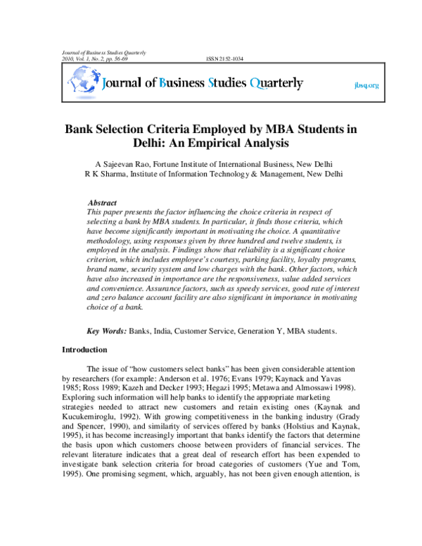 (PDF) Bank Selection Criteria Employed by MBA Students in Delhi: An ...