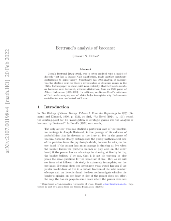 (PDF) Bertrand's analysis of baccarat