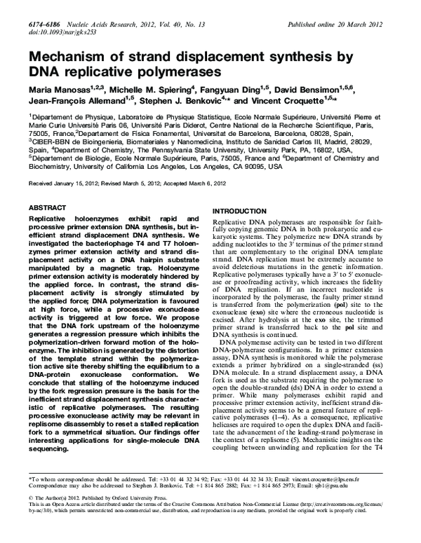 (PDF) Mechanism of strand displacement synthesis by DNA replicative ...