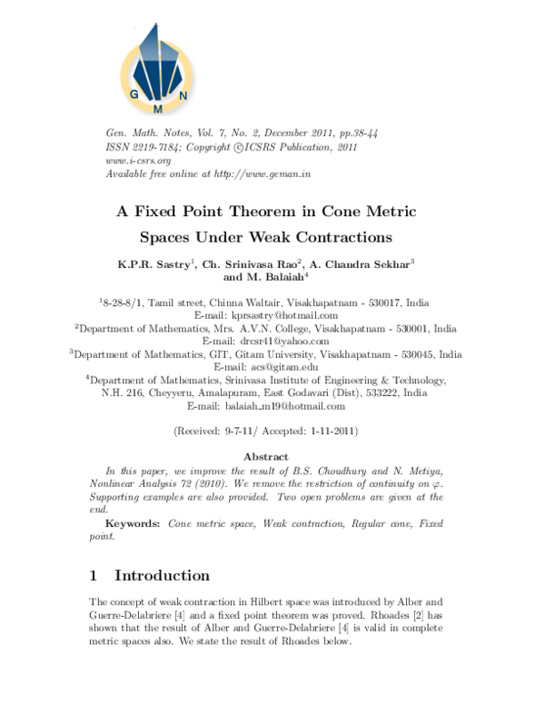 (PDF) A Fixed Point Theorem in Cone Metric Spaces Under Weak Contractions