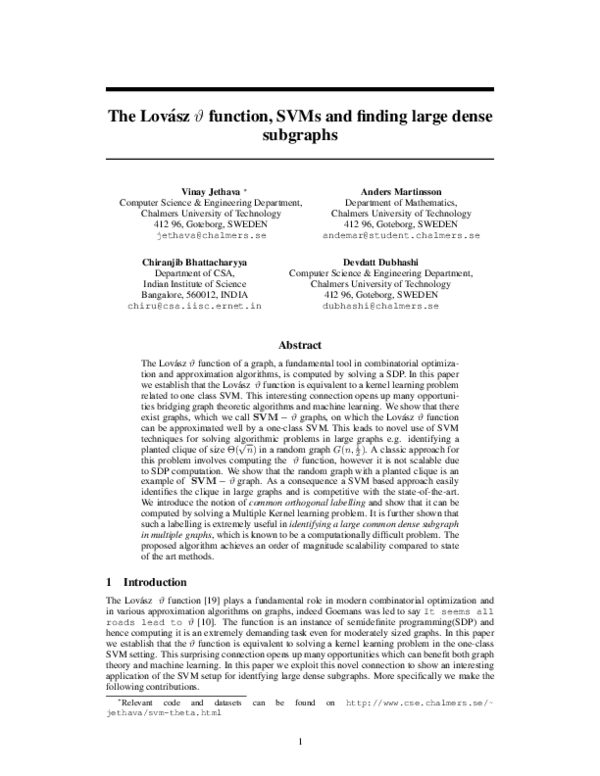 (PDF) The Lovasz ϑ function, SVMs and finding large dense subgraphs