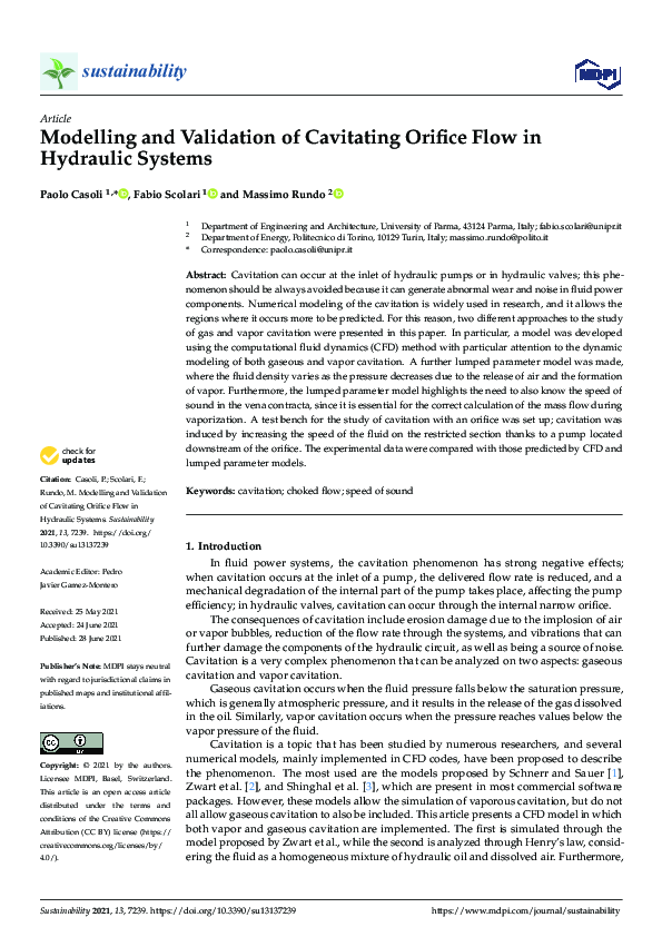 (PDF) Modelling and Validation of Cavitating Orifice Flow in Hydraulic Systems