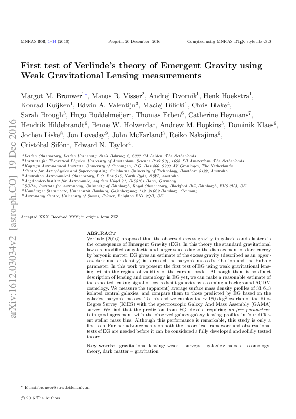 (PDF) First test of Verlinde's theory of Emergent Gravity using Weak ...