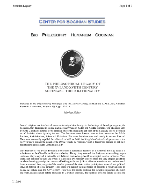 (PDF) The Philosophical Legacy of the XVI and Xviith Century Socinians ...