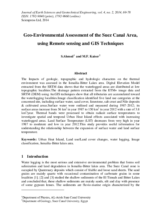 (PDF) Geo-environmental assessment of the Suez Canal area, using remote ...
