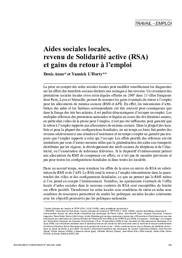 (PDF) Aides sociales locales, revenu de solidarité active (RSA) et ...