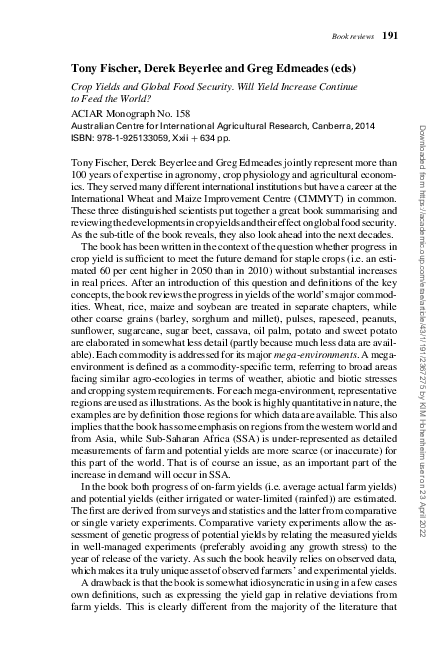(PDF) Crop Yields and Global Food Security: Will Yield Increase ...