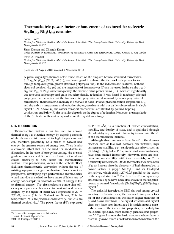 (PDF) Thermoelectric power factor enhancement of textured ferroelectric Sr xBa1– x Nb2O6–δ ceramics