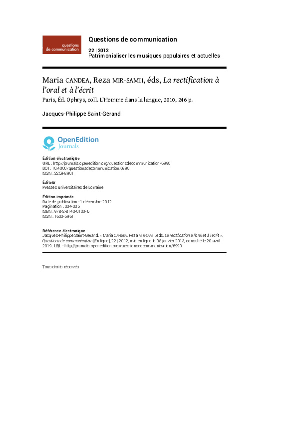 (PDF) Maria Candea, Reza Mir-Samii, éds, La rectification à l’oral et à ...