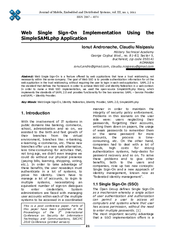 Pdf Web Single Sign On Implementation Using The Simplesamlphp Application