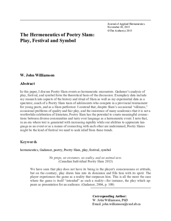 (PDF) The Hermeneutics of Poetry Slam: Play, Festival and Symbol