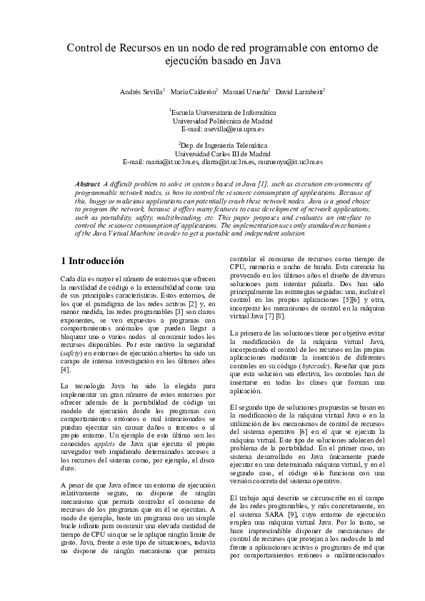 (PDF) Control de recursos en un nodo de red programable con entorno de ejecución basado en Java