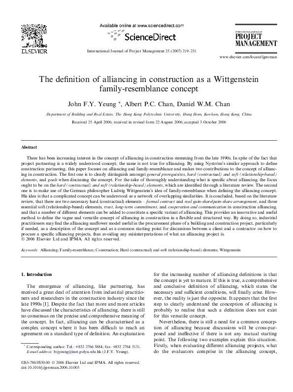 (PDF) The definition of alliancing in construction as a Wittgenstein ...