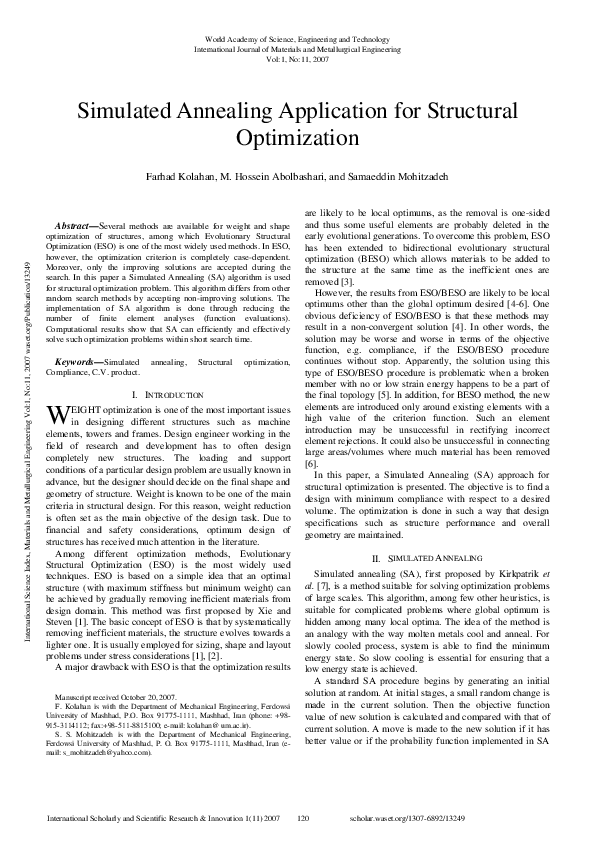 (PDF) Simulated Annealing Application For Structural Optimization