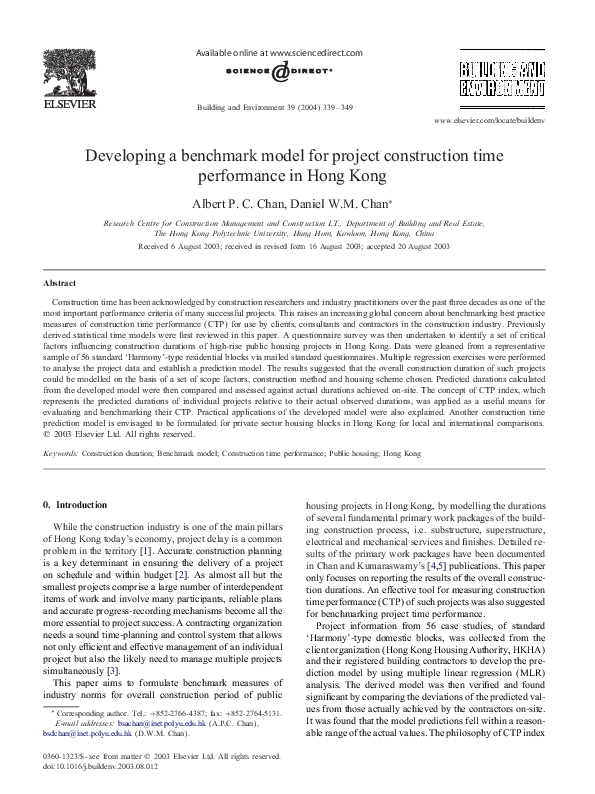 (PDF) Developing a benchmark model for project construction time ...