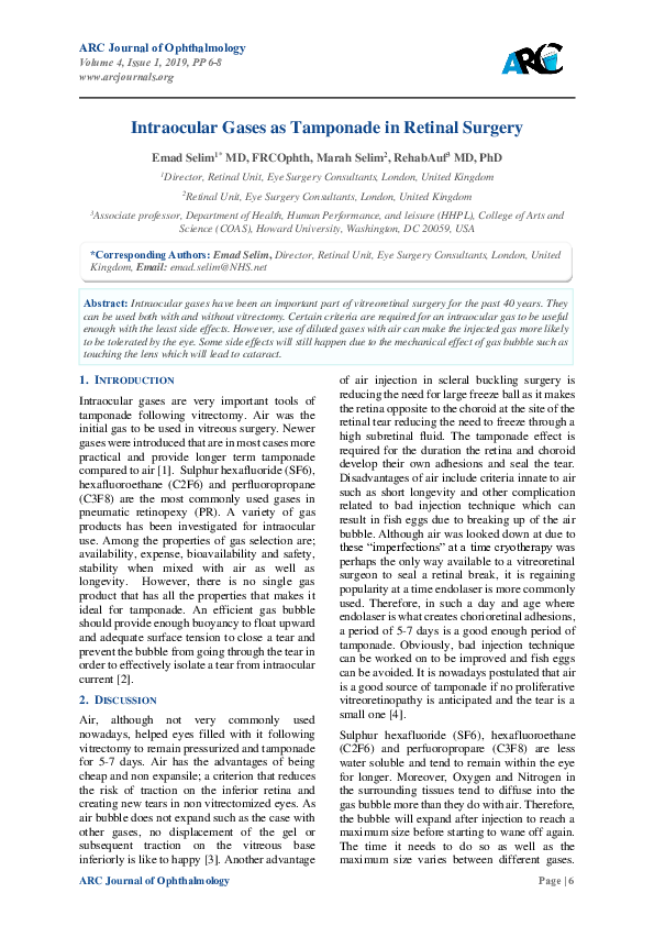 (PDF) Intraocular Gases as Tamponade in Retinal Surgery | Emad Selim ...