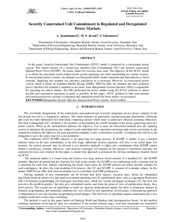 (PDF) Security Constrained Unit Commitment in Regulated and Deregulated Power Markets