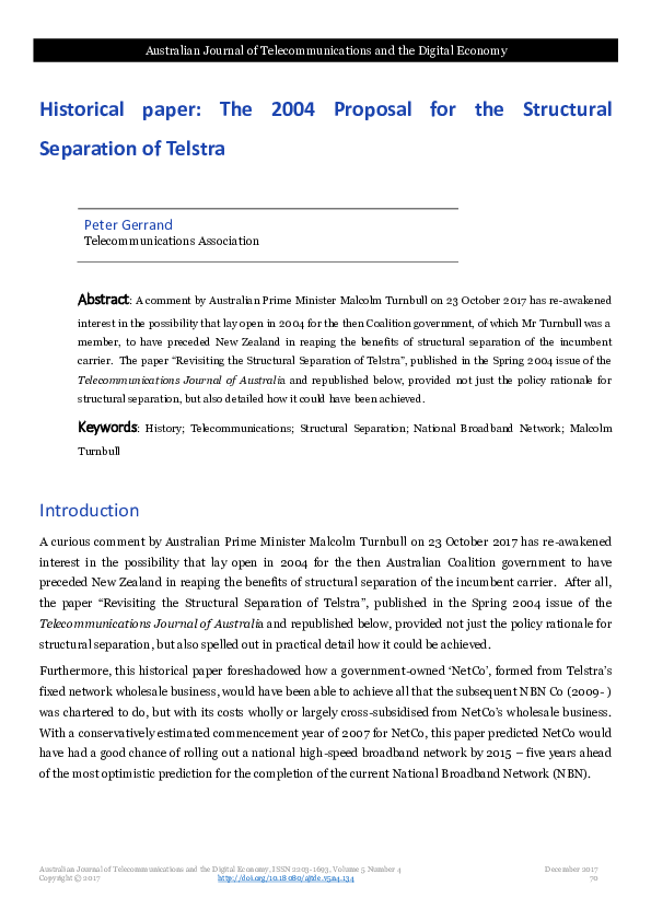 (PDF) Historical paper: The 2004 Proposal for the Structural Separation of Telstra