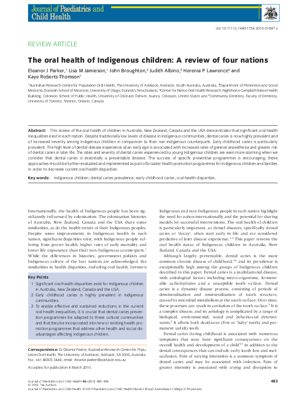 (PDF) The oral health of Indigenous children: A review of four nations