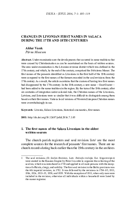 (PDF) Changes in Livonian first names in Salaca during the 17th and ...